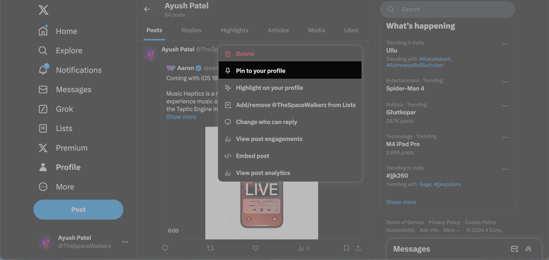 How to pin X (Twitter) post on iPhone, iPad or desktop