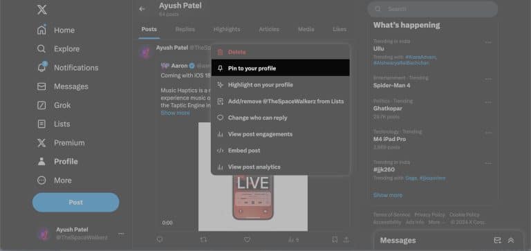 How to pin X (Twitter) post on iPhone, iPad or desktop