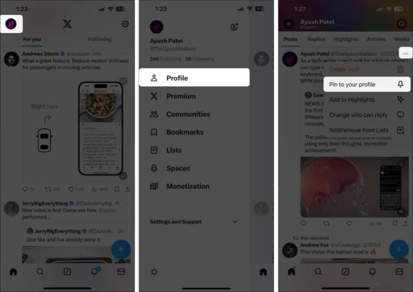 How to pin X (Twitter) post on iPhone, iPad or desktop