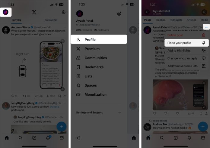How to pin X (Twitter) post on iPhone, iPad or desktop