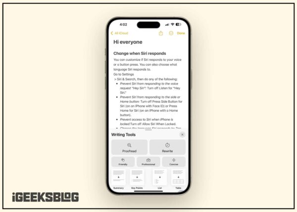 How to Use Apple Intelligence Writing Tools on iPhone or iPad – iGeeksBlog